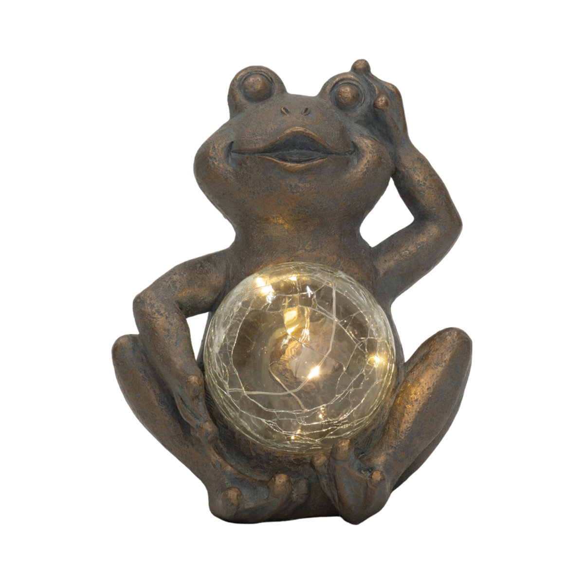 Trinx 7-inch Polyresin Frog with Glowing Solar Orb in Antique Copper | Wayfair